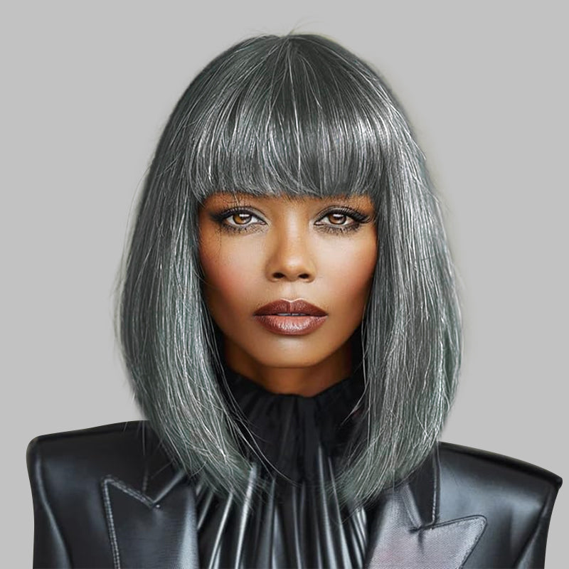 Chic Medium Silver Gray Straight Bob Wig With Bangs Real Glueless Huma ...