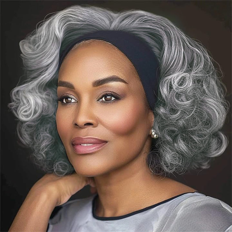Grey Body Wave Headband Human Hair Wig for Seniors Silver Gray Body Wa ...