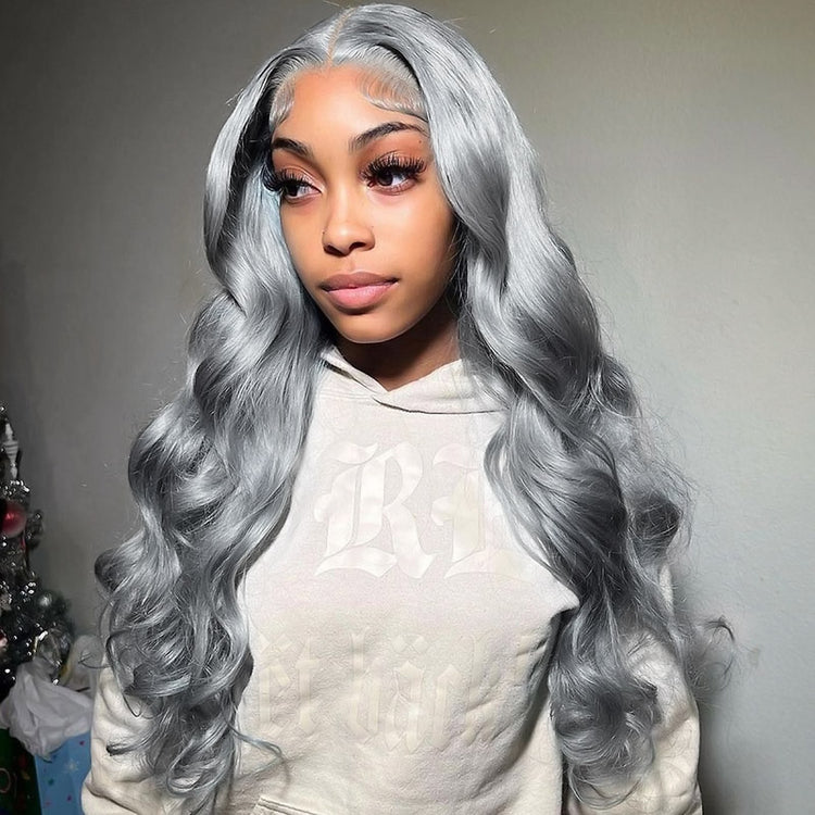 Silver Grey Body Wave Lace Front Wig Transparent HD Human Hair Colored ...