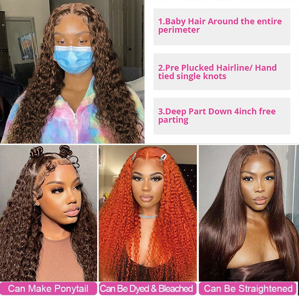 13x4 Deep Wave Frontal Wig Dark Brown HD Lace Wigs #4 Colored Human Ha ...